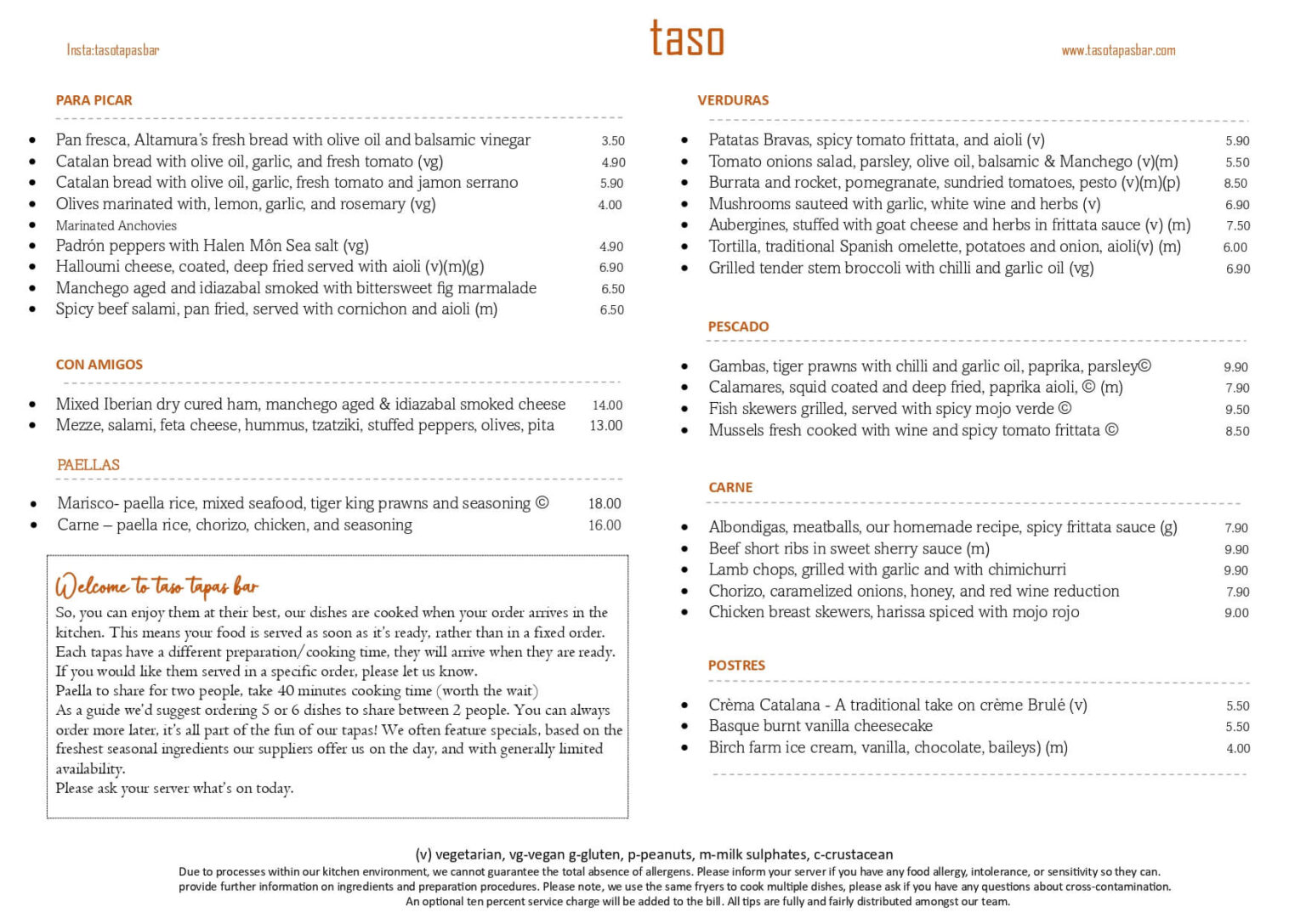 TASO Tapas Bar Food Menu - Taso Tapas Bar