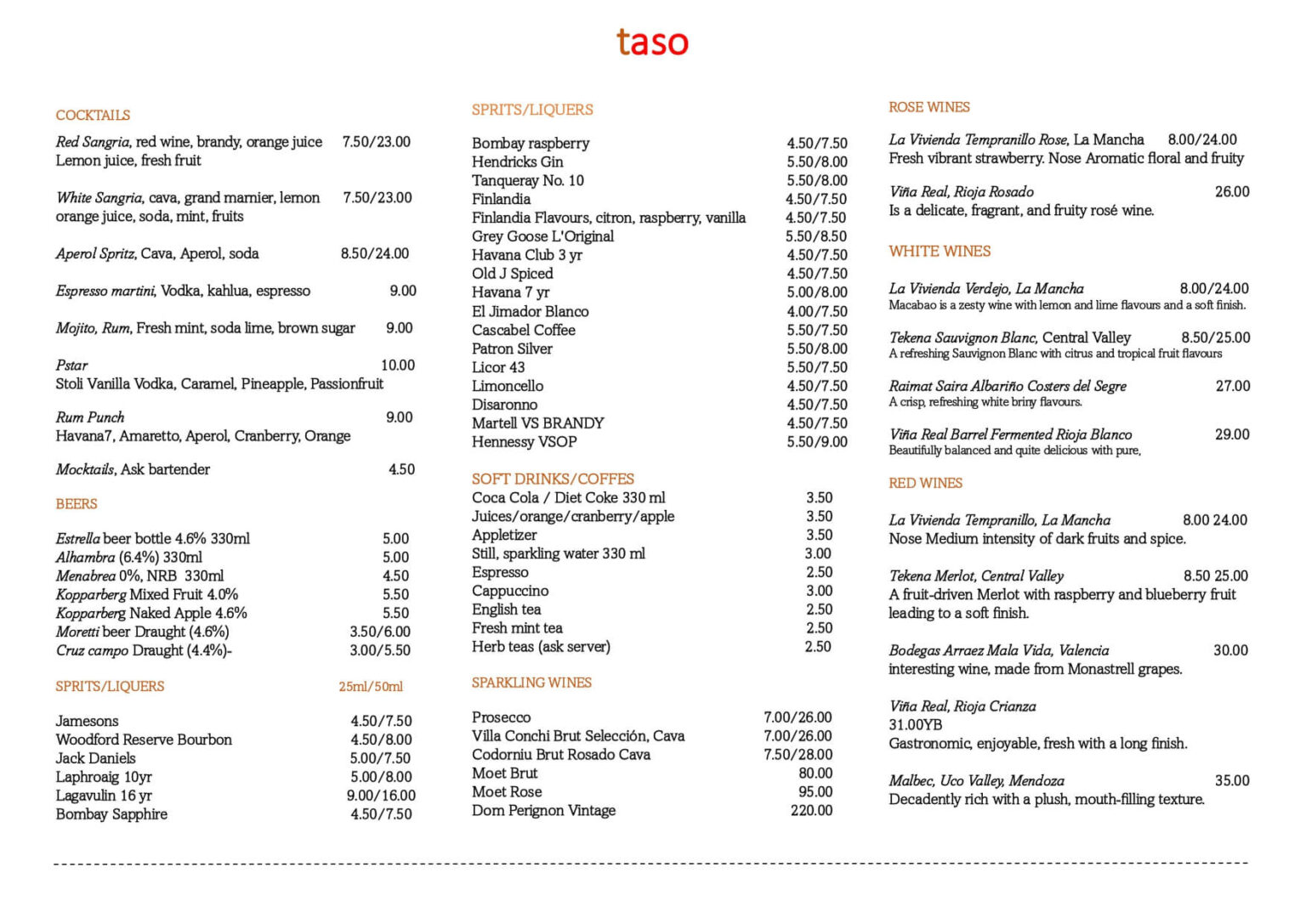 TASO Tapas Bar Wine Menu - Taso Tapas Bar